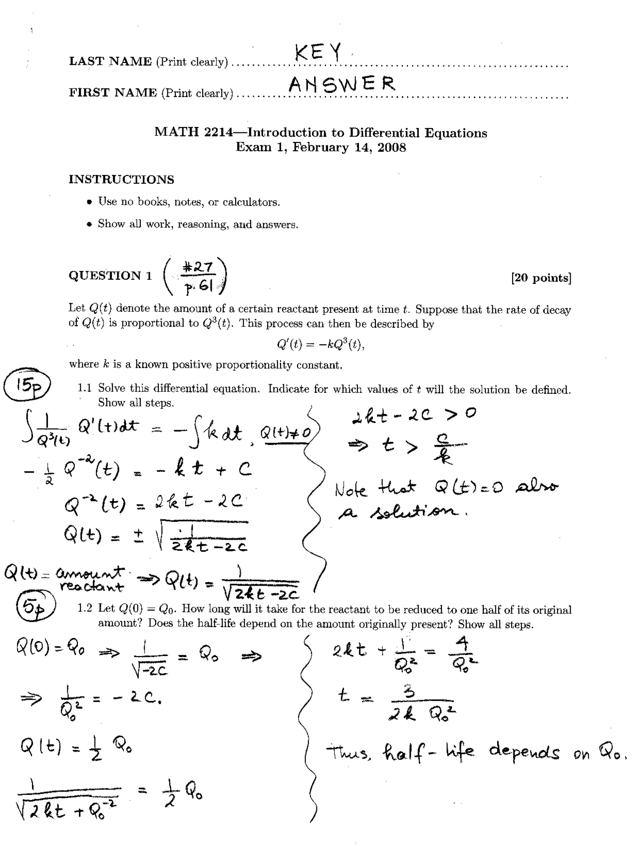 Exam 1 with Answers Key for Introduction to Differential Equations | MATH 2214 - Docsity