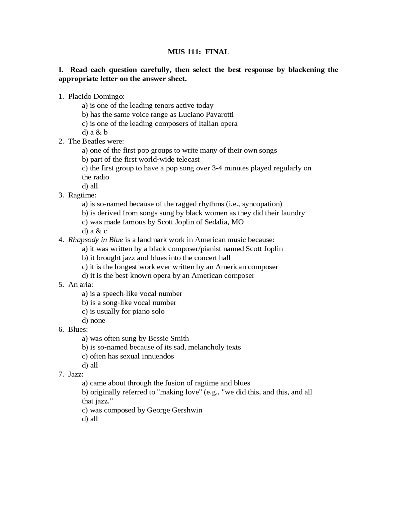 Intro To Music History Final Test 50 Multi Choice Questions Mus 111