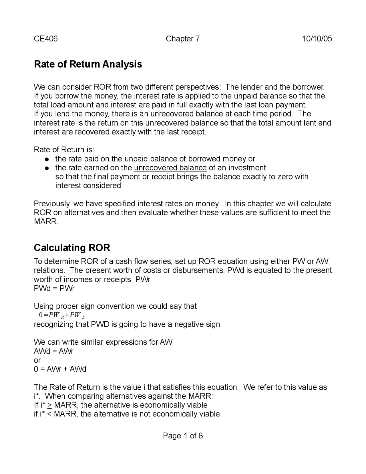 Rate of Return Analysis - Cost Engineering and Analysis | C E 406 ...