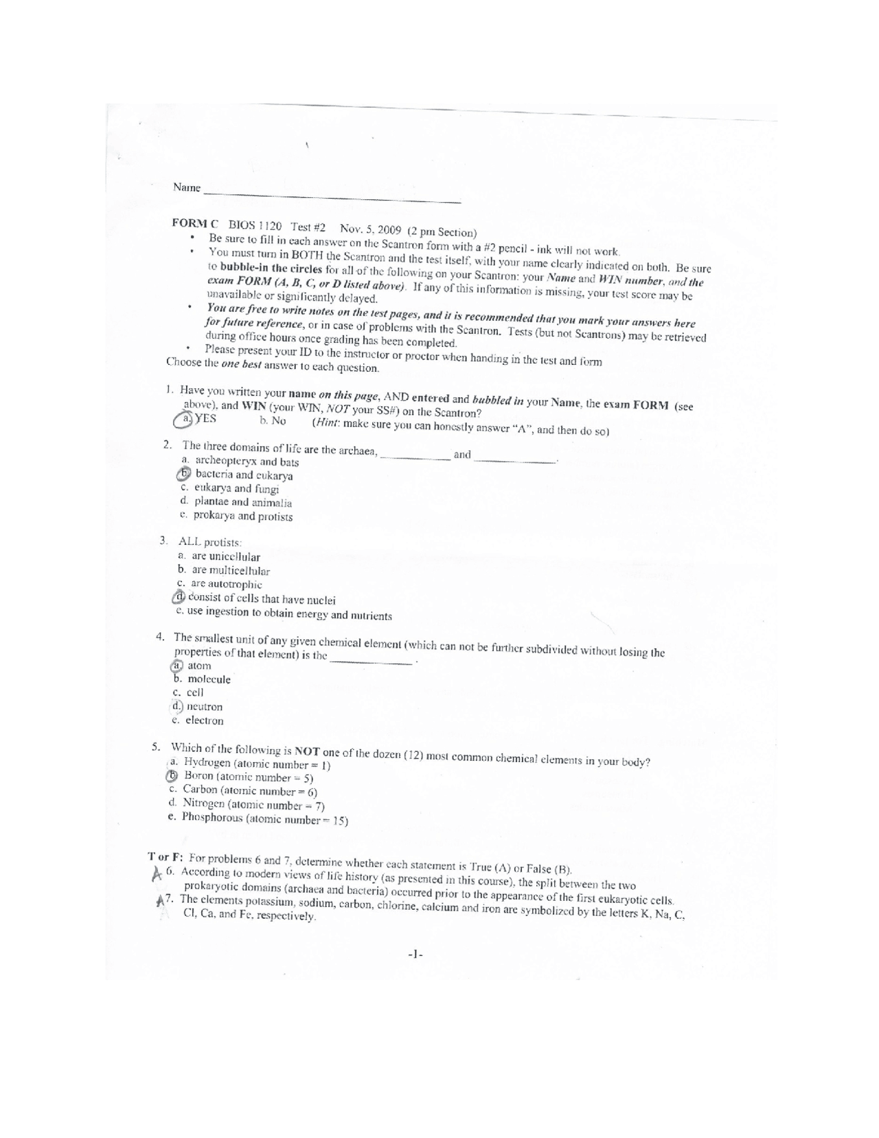 Principles Of Biology Solutions To Exam 2 Bios 1120 Docsity
