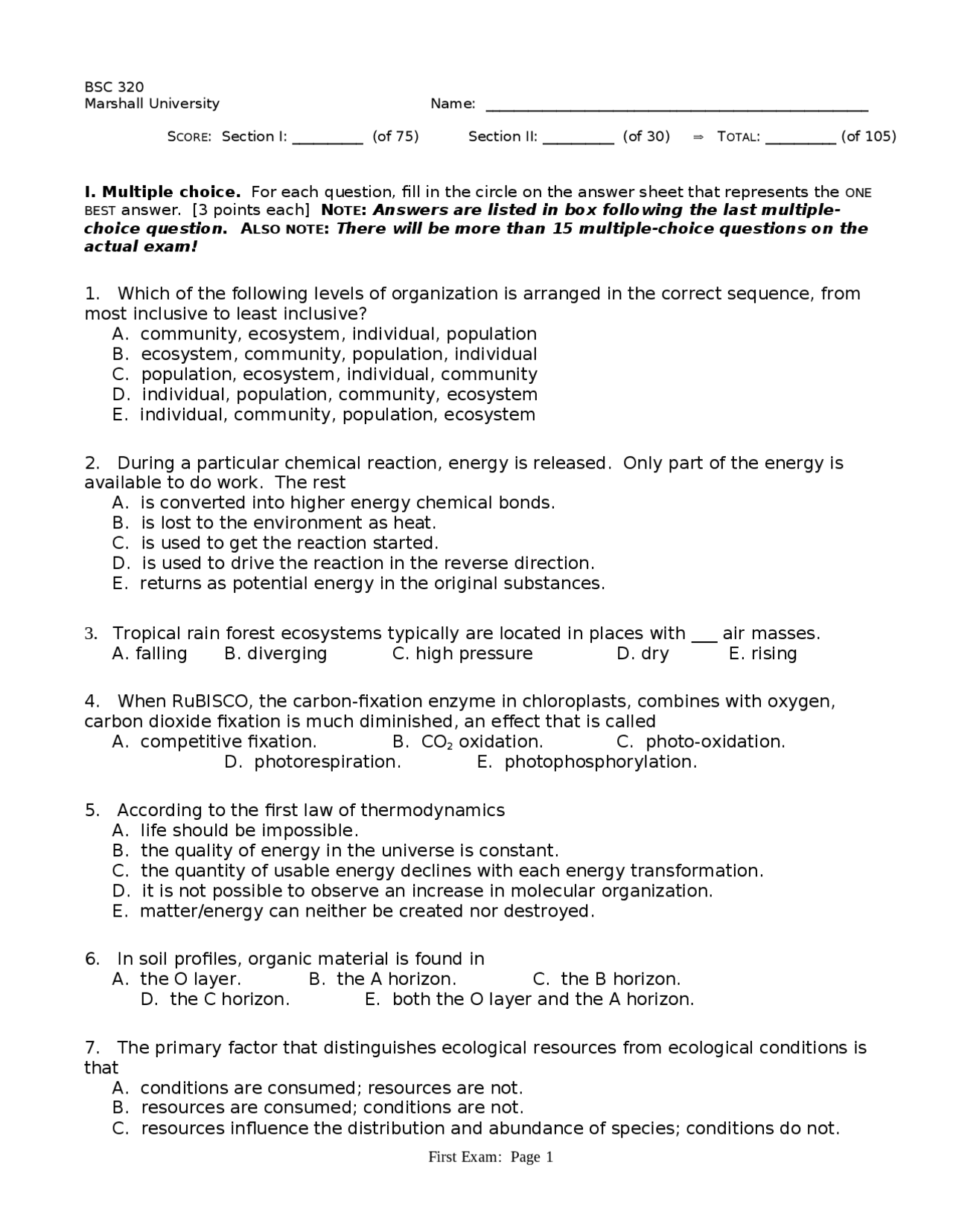 Exam 1 Questions With Answer Key Principles Of Ecology Bsc 320