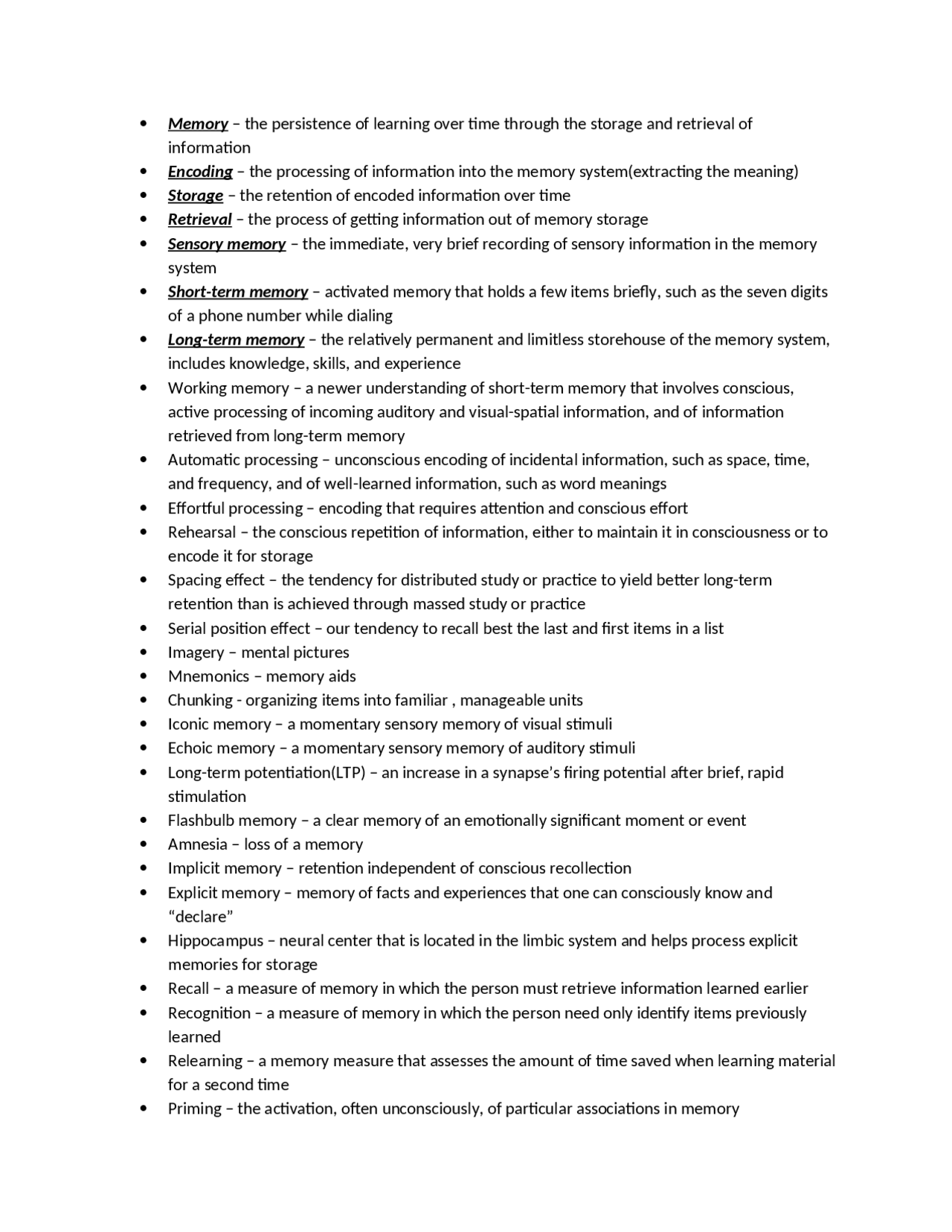 Cheat Sheet - Memory, Encoding and Storage - General Psychology | PSYCH ...