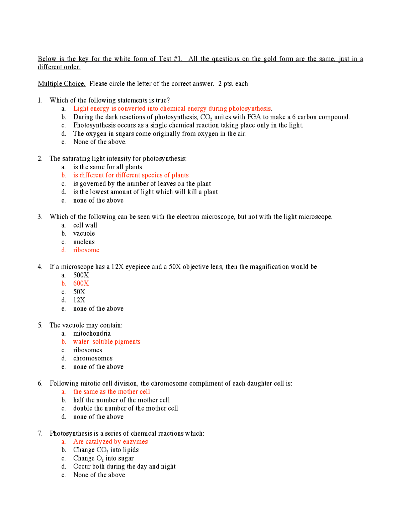 Past Test 1 With Answer Key General Botany Bot 1114 Docsity