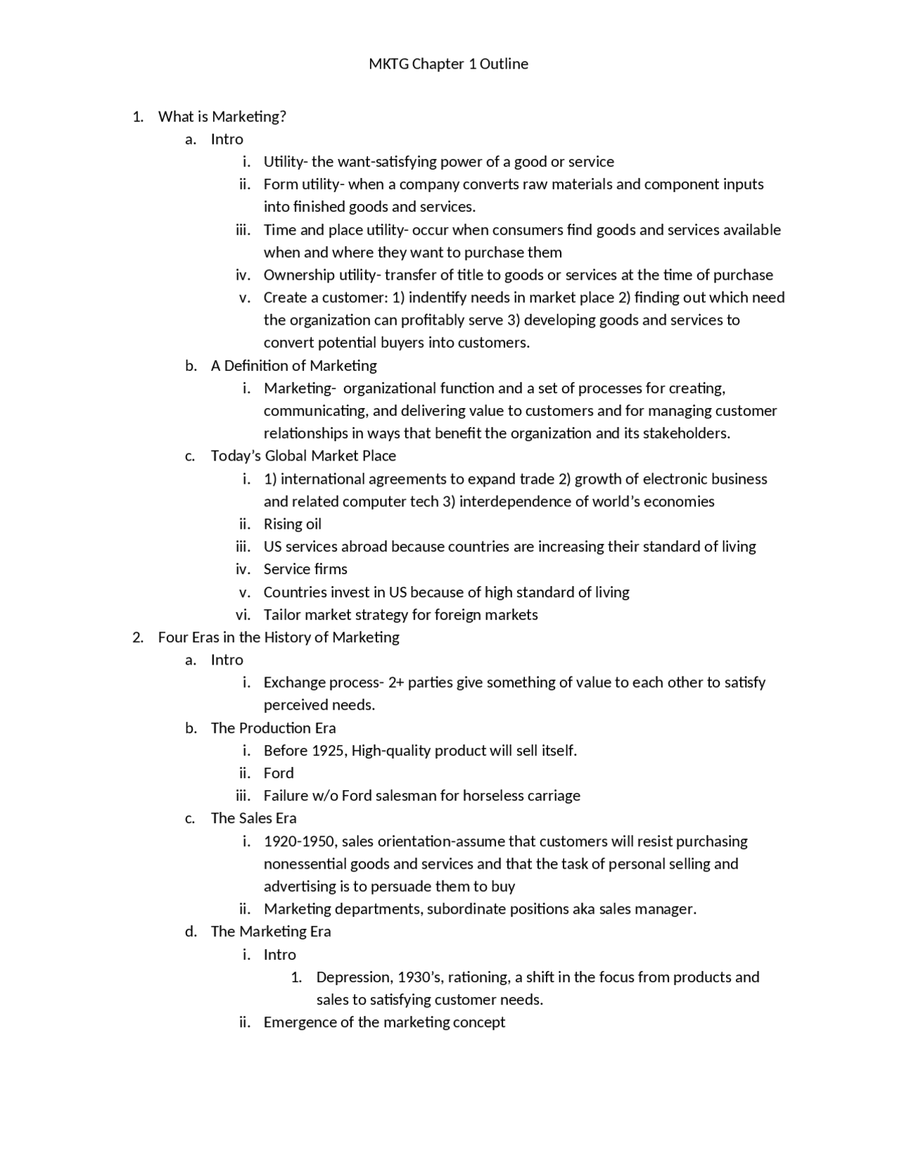 Introduction To Principles Of Marketing Outline Mktg 300 Docsity