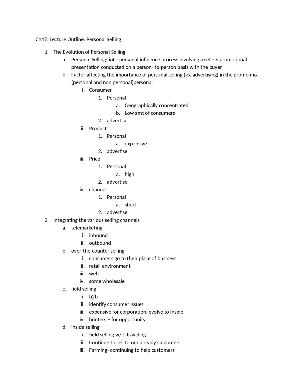 Personal Selling Principles Of Marketing Outline Mktg 300 Docsity