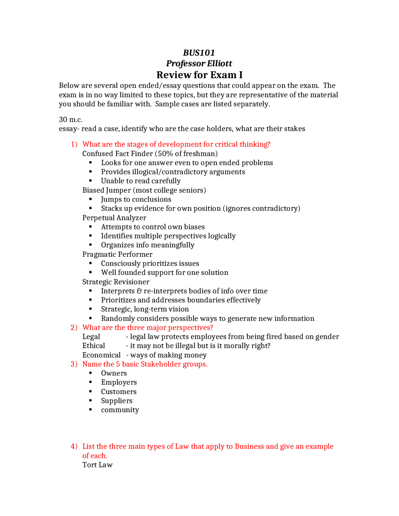 Review Sheet For Exam 1 Fundamentals Business Decision Making Bus