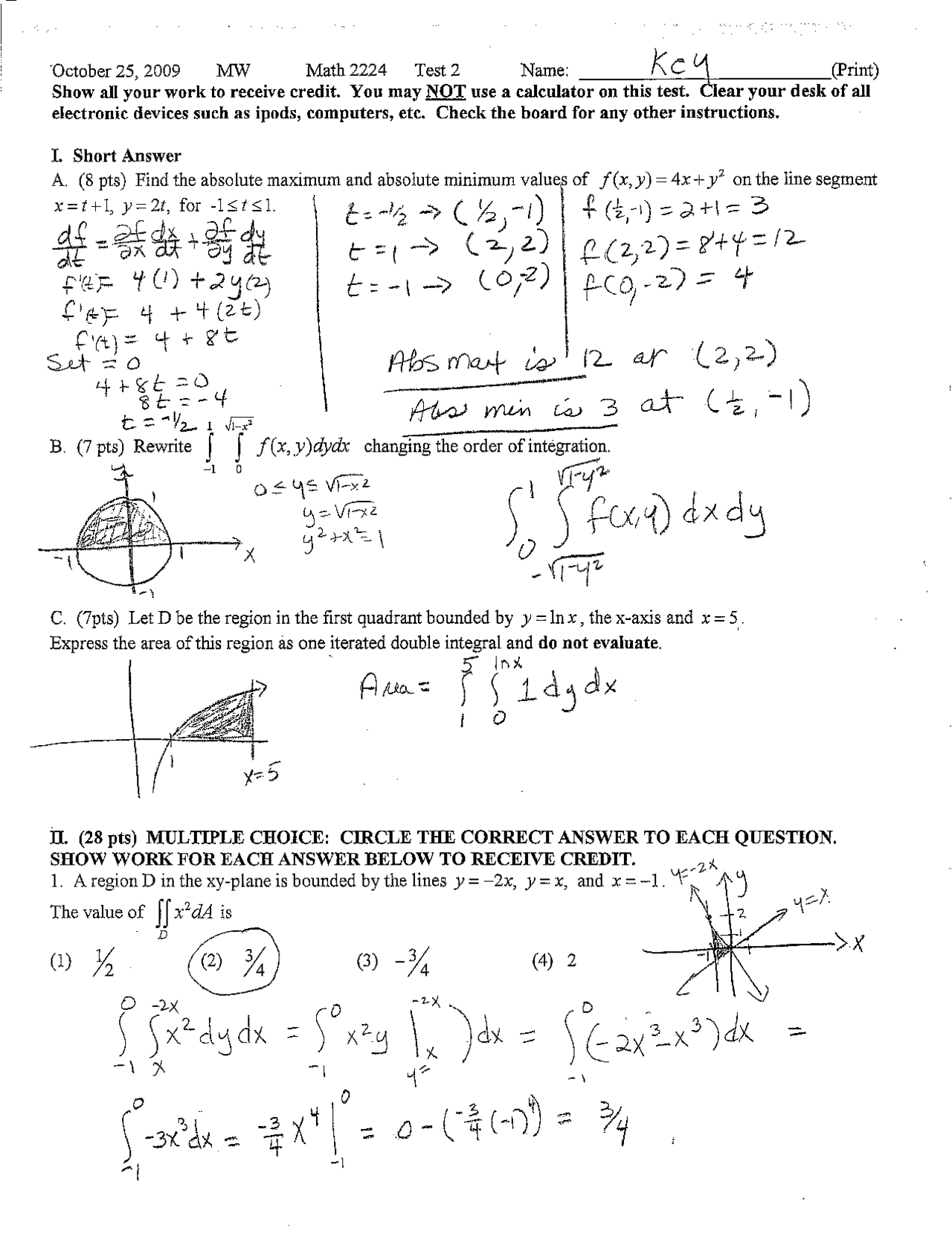 Test 2 with Answer Key for Multivariable Calculus | MATH 2224 | Exams ...