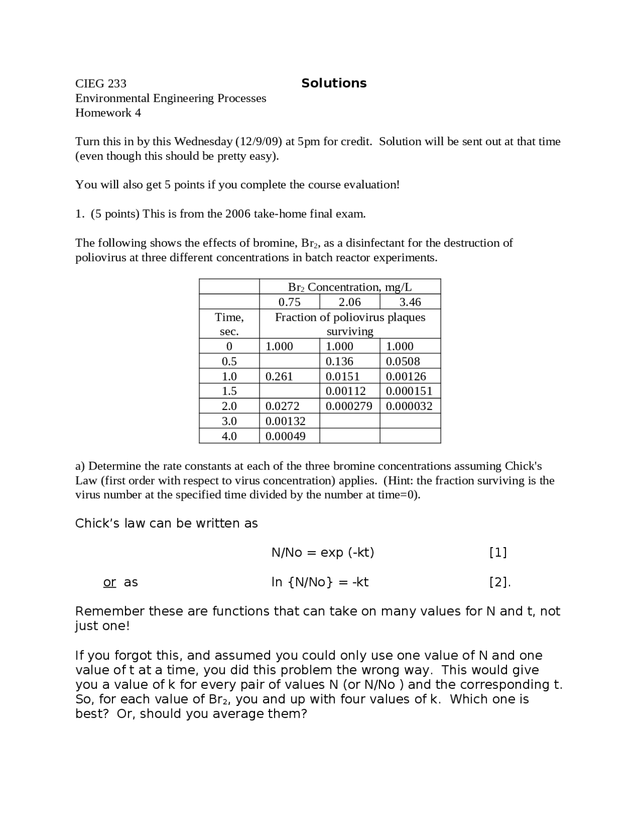 Homework 4 Solutions Environmental Engineering Processes Cieg 233