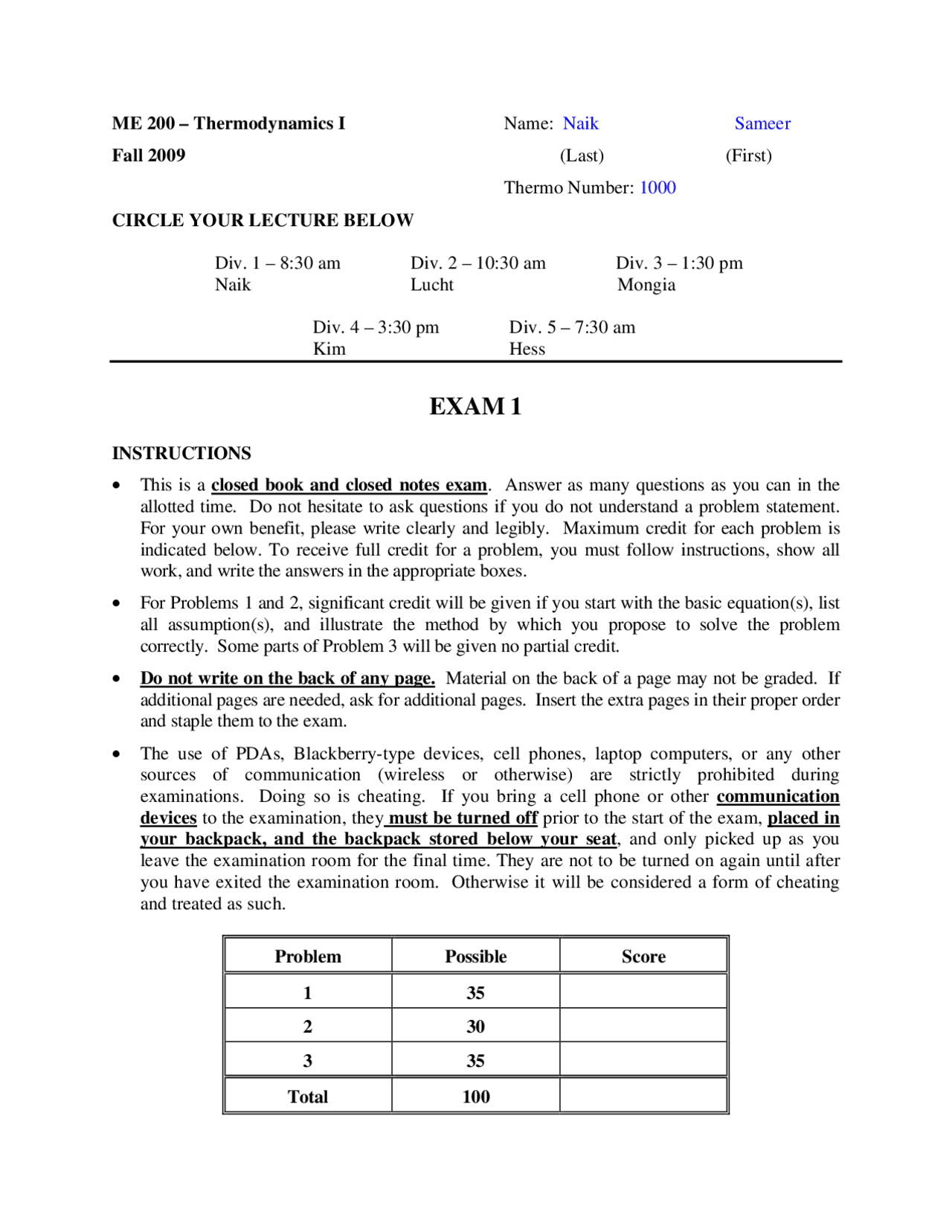 Solved Exam 1 Thermodynamics I Fall 2009 Me 20000 Docsity