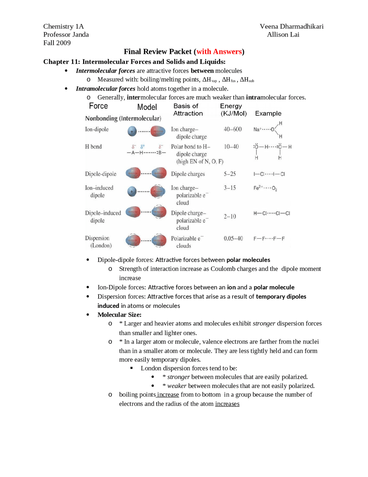 Intermolecular Forces, Solids and Liquids - Final Review Sheet | Chem ...