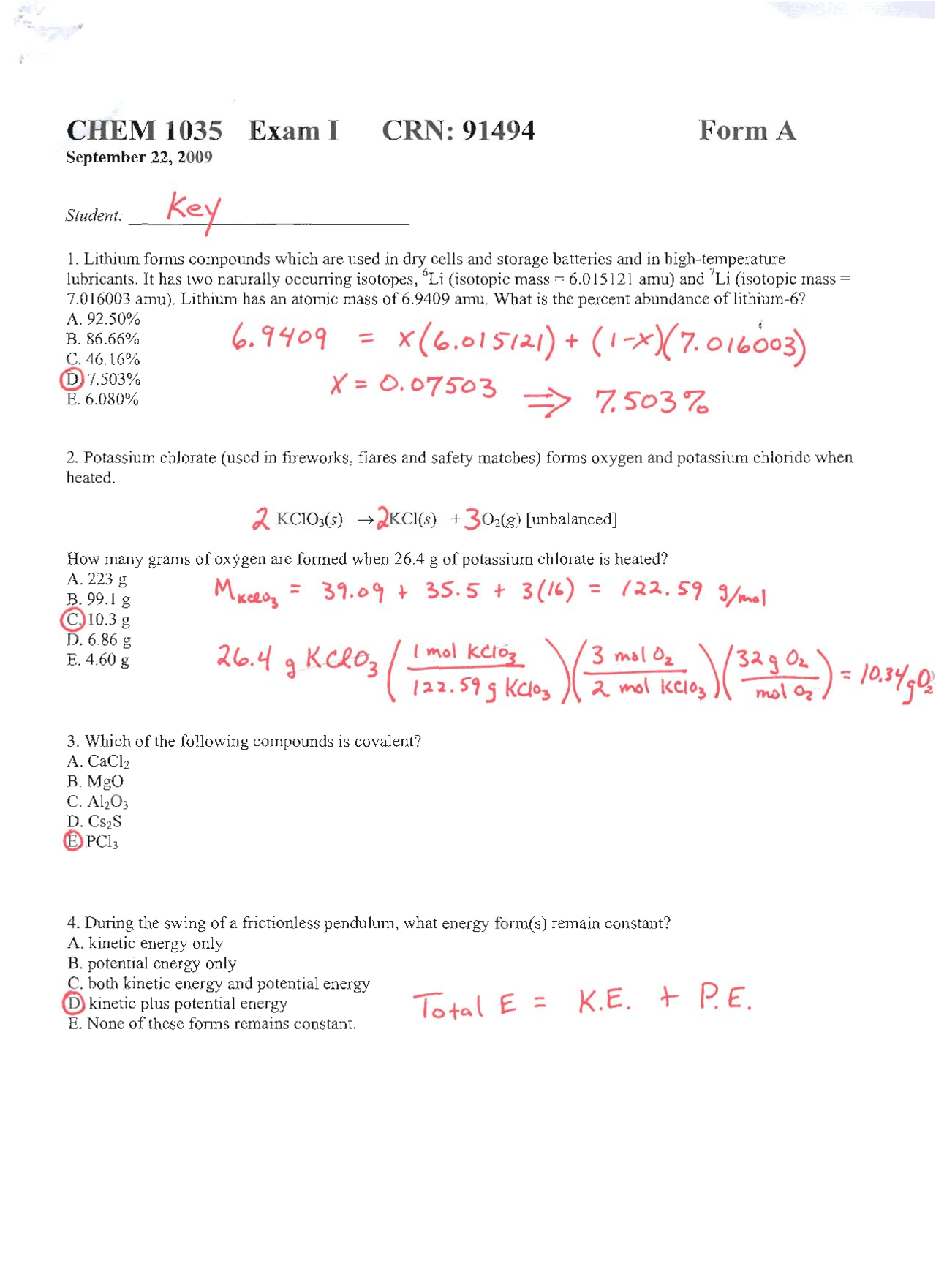 General Chemistry Exam 1 with keys | CHEM 1035 - Docsity