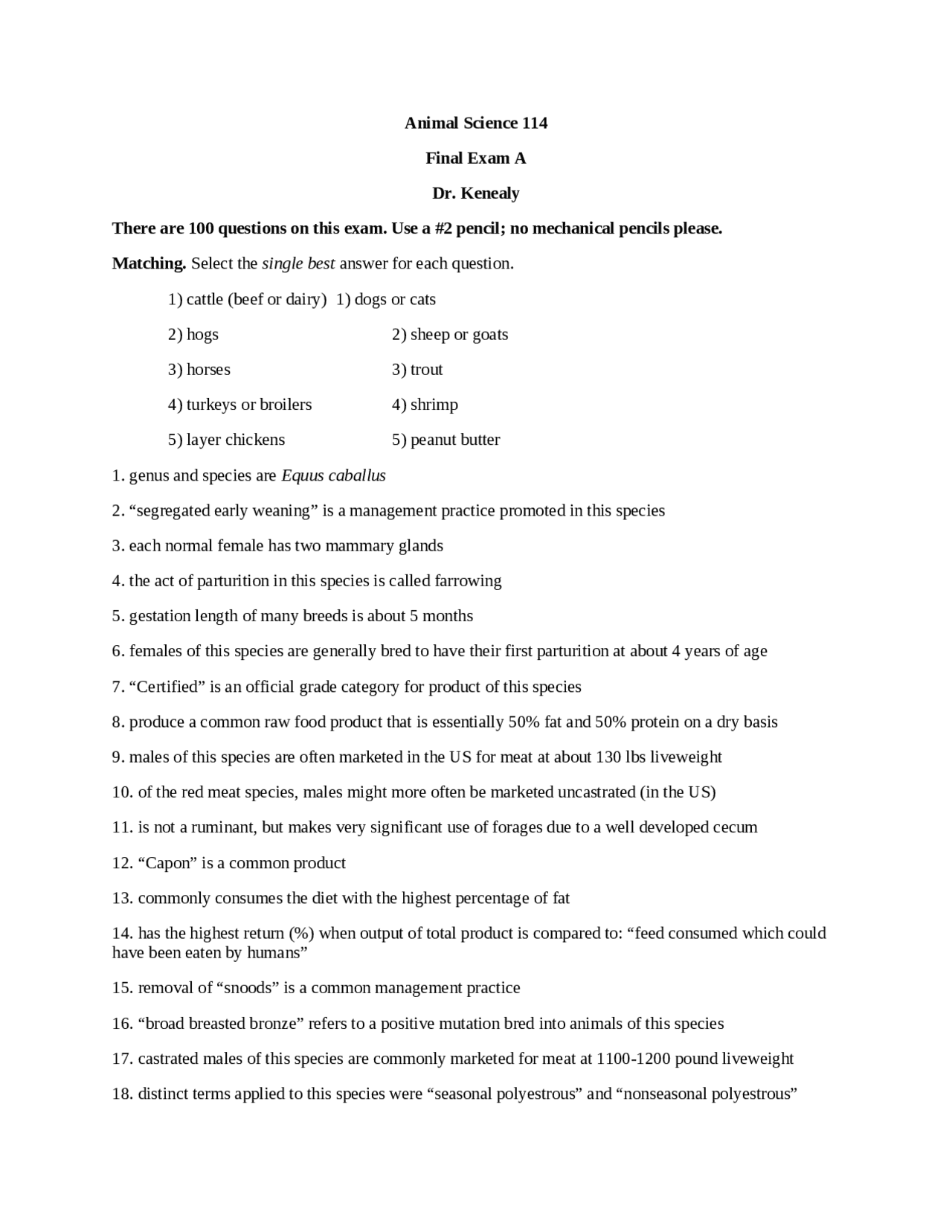 Animal Science Final Exam: 100 Quiz Questions with Solutions | AN S 114 ...