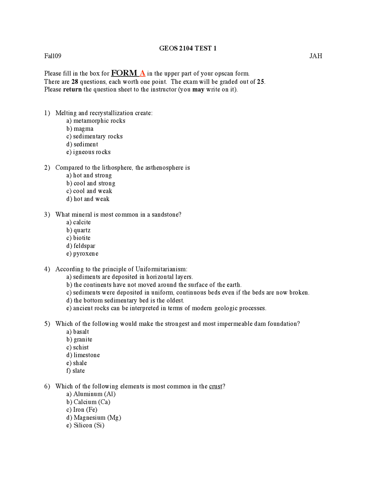Test One Mcqs Elements Of Geology Geos 2104 Docsity