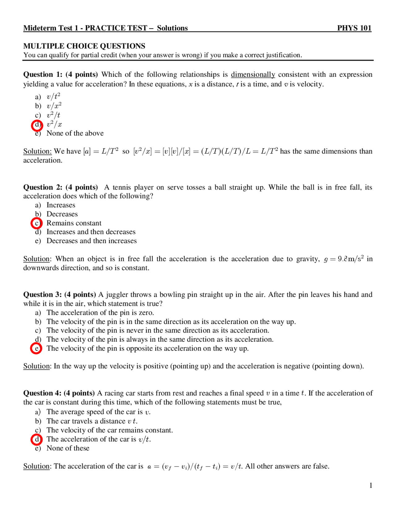 Practice Test For Midterm With Solutions Physics Phys 101 Docsity