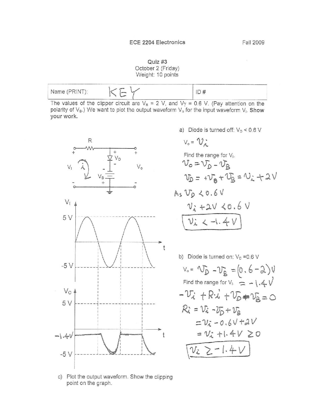 Quiz 3 With Answer Key Electronics Fall 2009 Ece 2204 Docsity