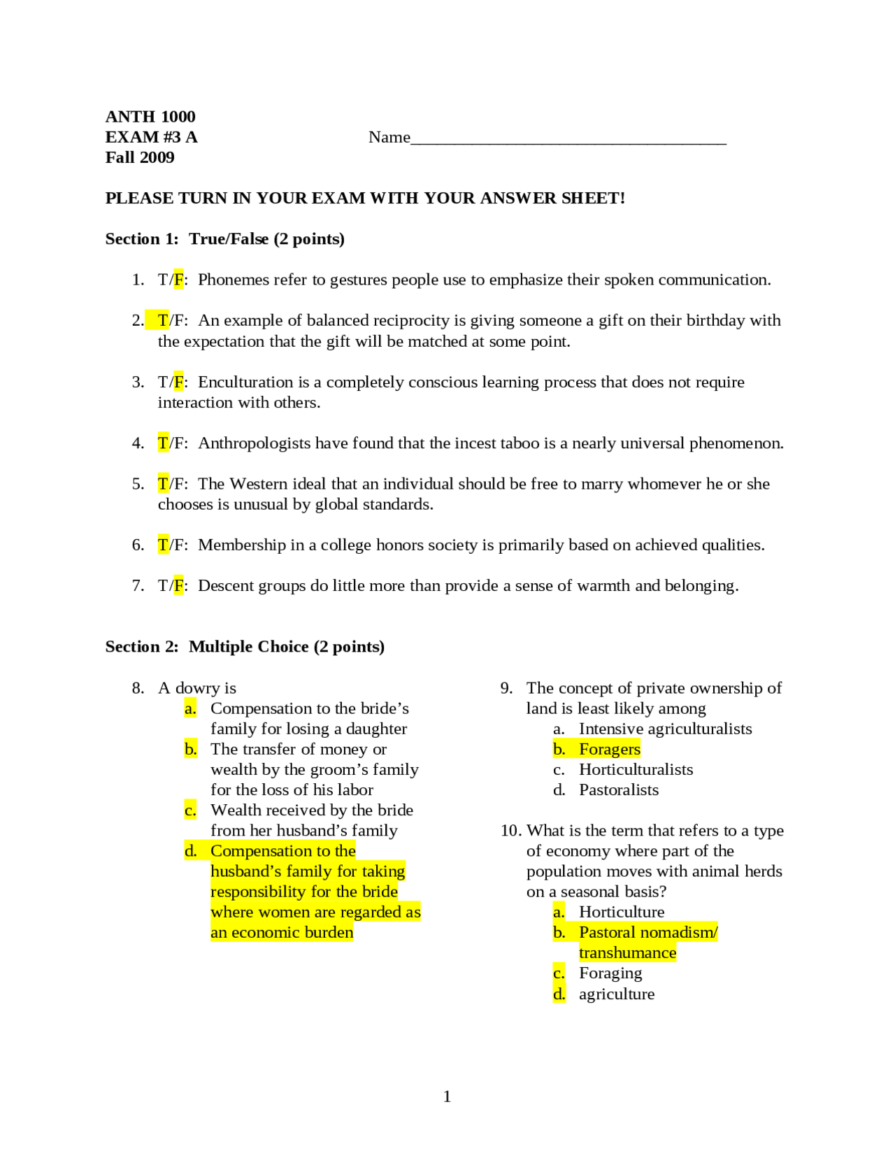 Introduction To Anthropology Exam 3a With Solutions Anth 1000 Docsity