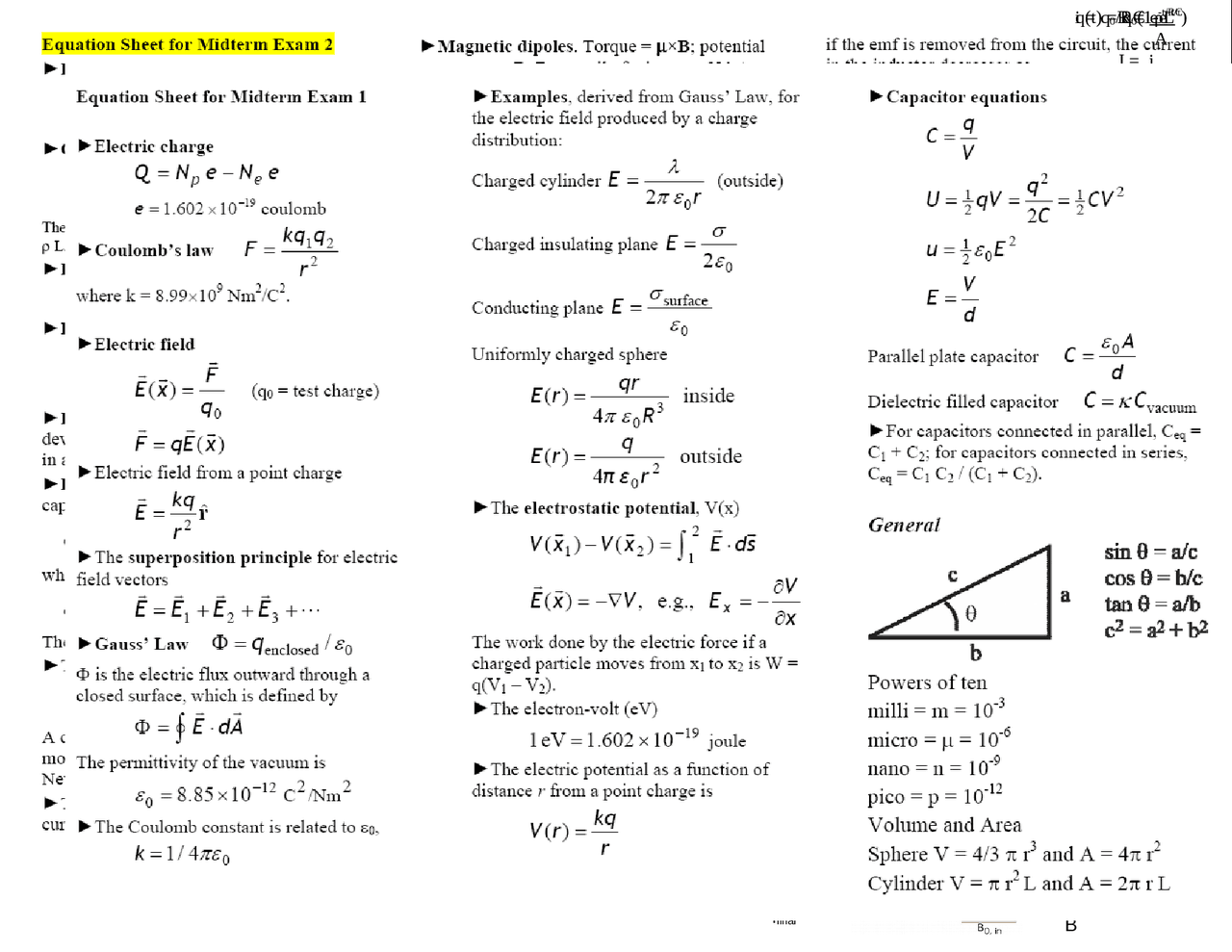 Equation Sheet For Midterm Test 2 Physics For Scientistsengineers 2