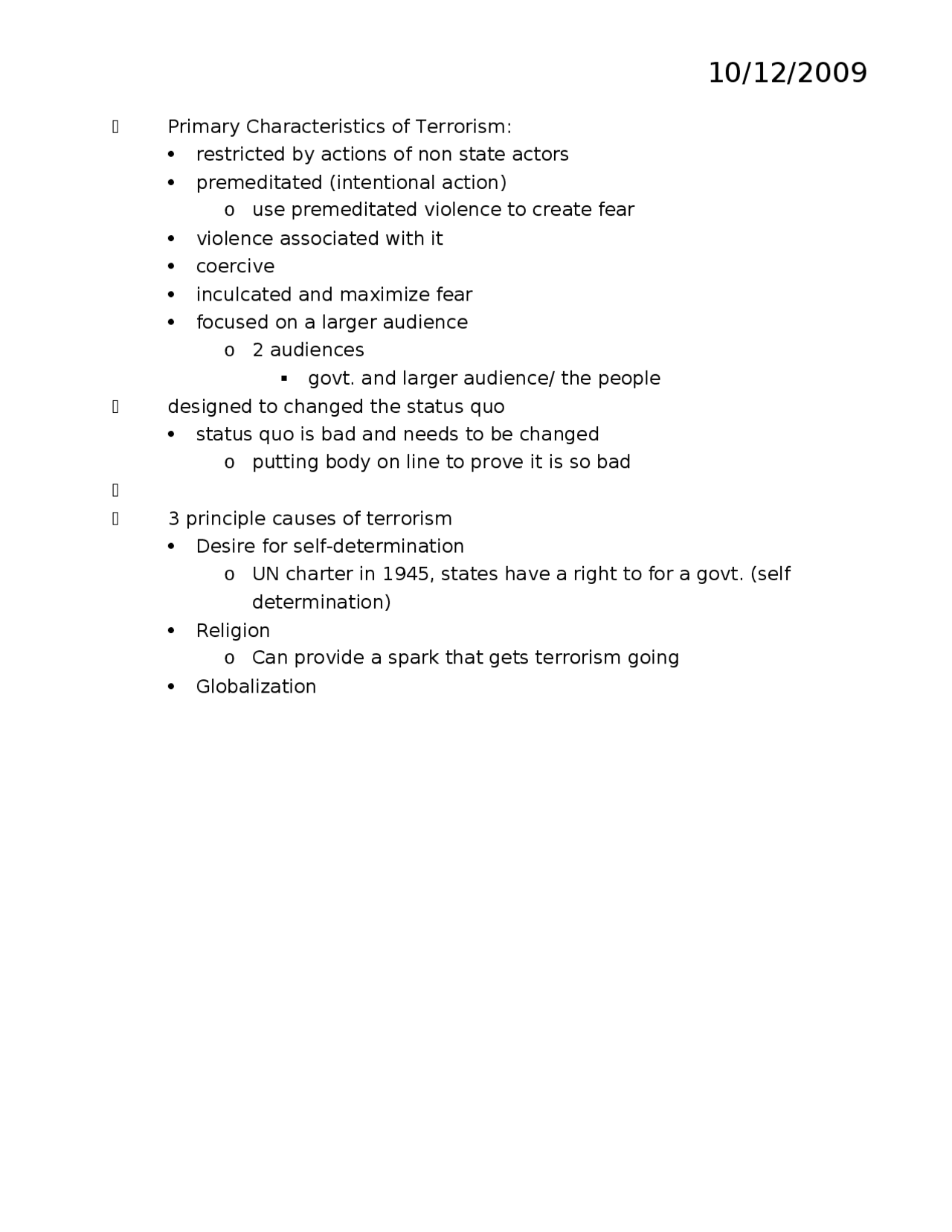 Terrorism Characteristics Causes Globalization Lecture Handout