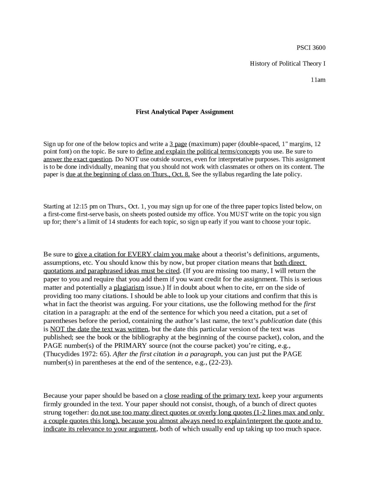 History Of Political Theory L Of Analytical Paper Assignment Psci