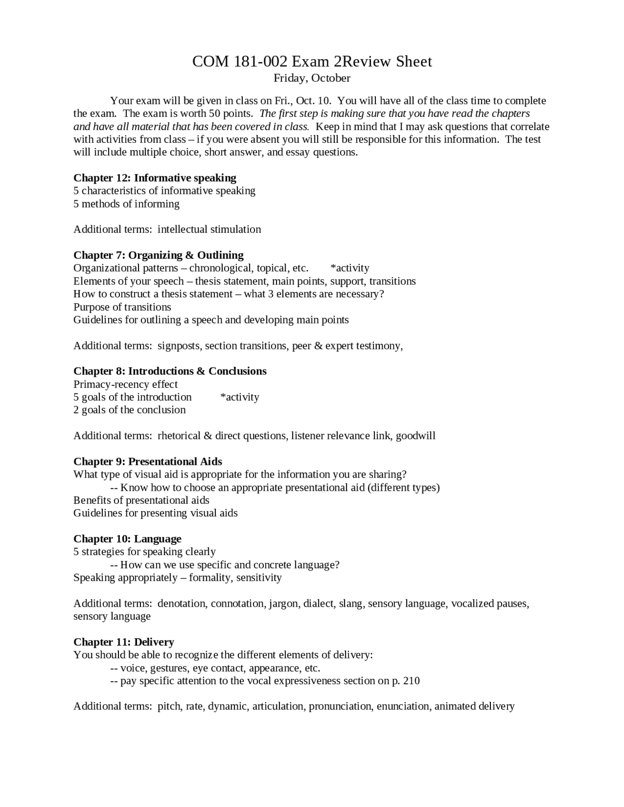 Exam 2 Review Sheet Basic Public Speaking Com 181 Docsity