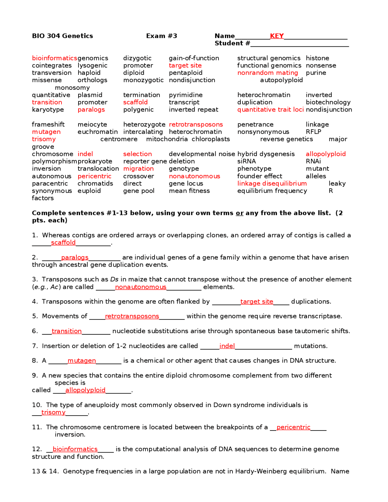 Solved Questions for Principles of Genetics - Test 3 | BIO 304 | Exams ...