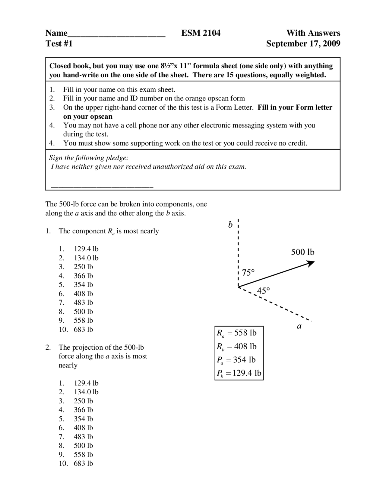 15 Questions On Statics With Answers Exam 1 Esm 2104 Docsity
