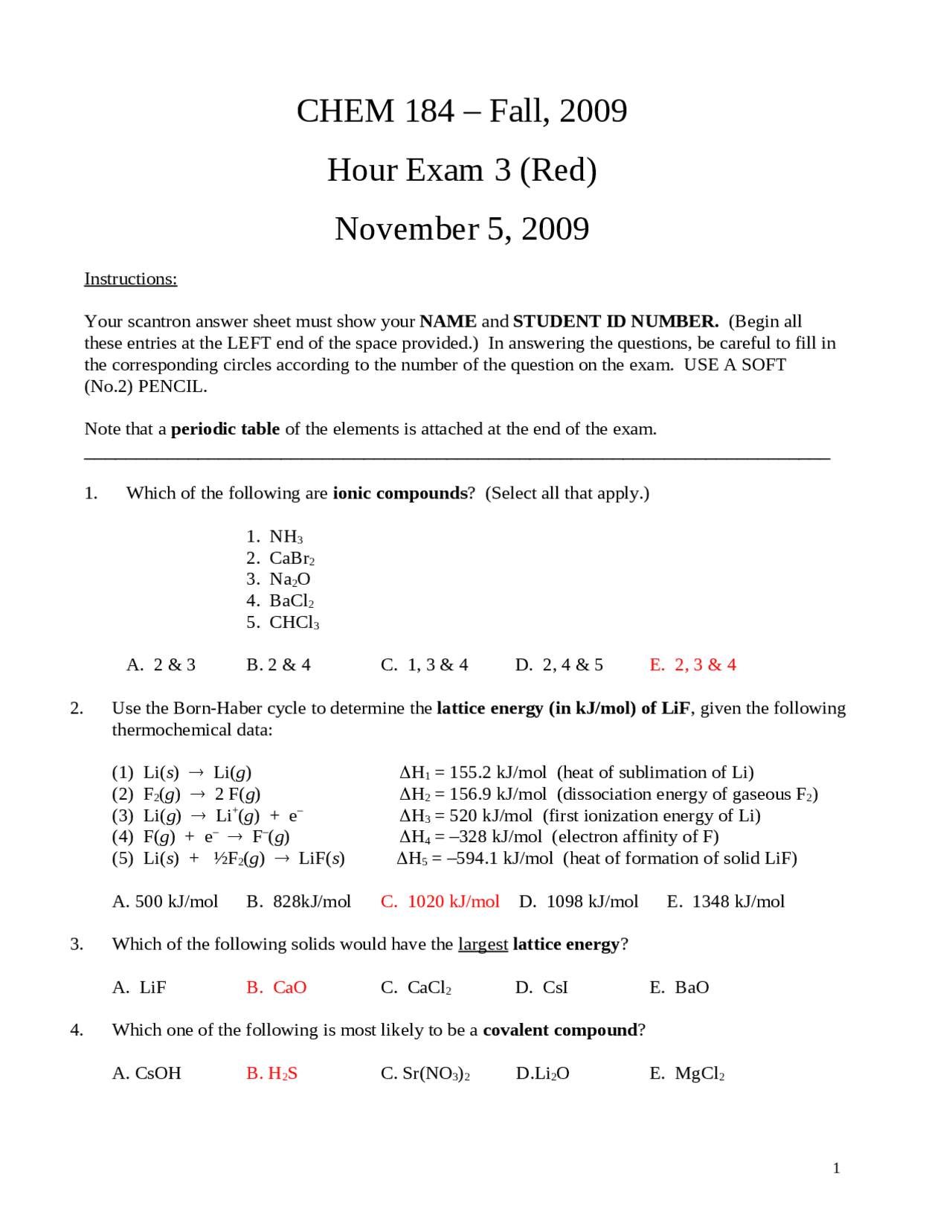 Test Iii Mcqs Solved Foundations Of Chemistry I Chem 184 Docsity