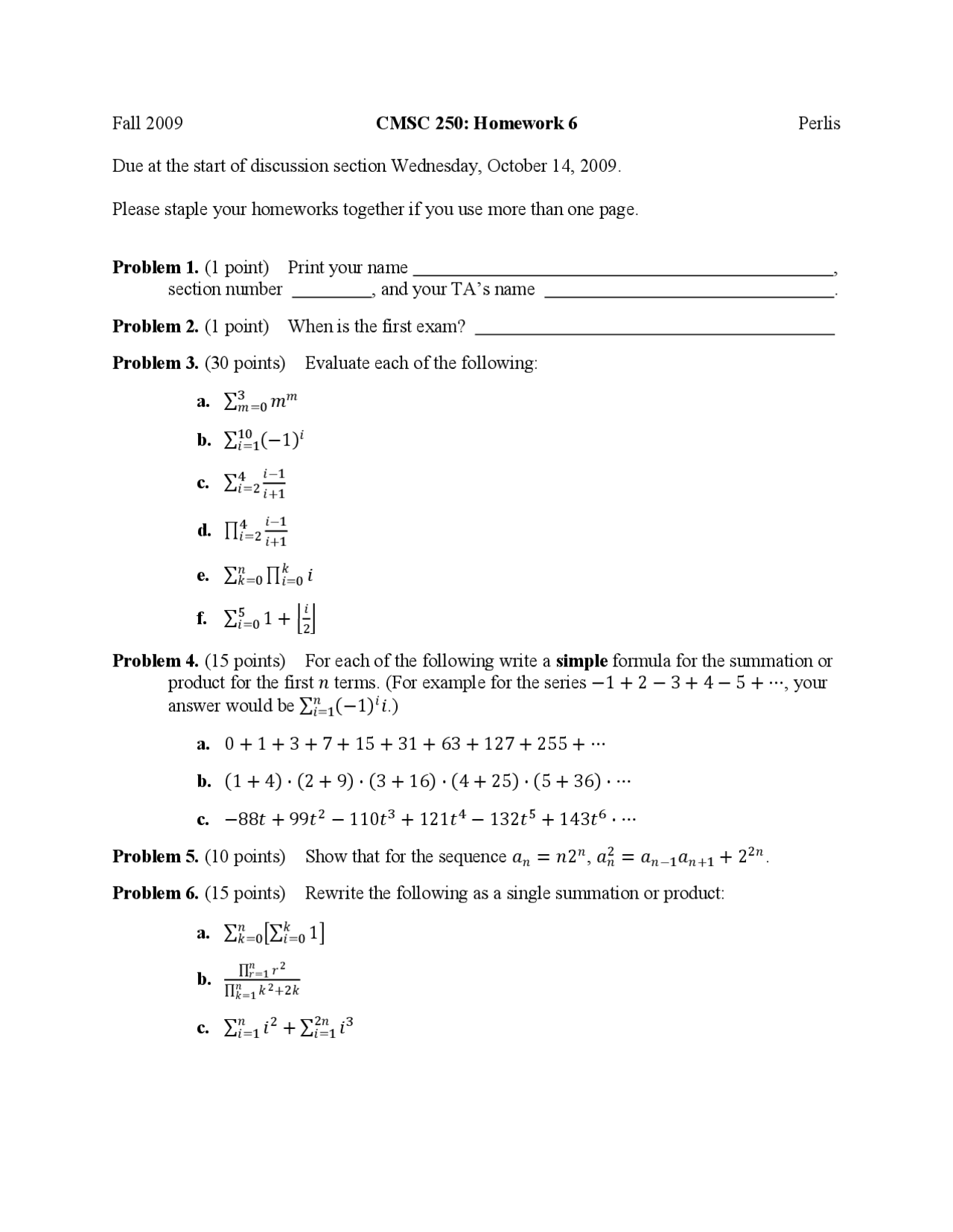 Sample Formula For Summation Discrete Structures Cmsc 250 Assignments Discrete Structures
