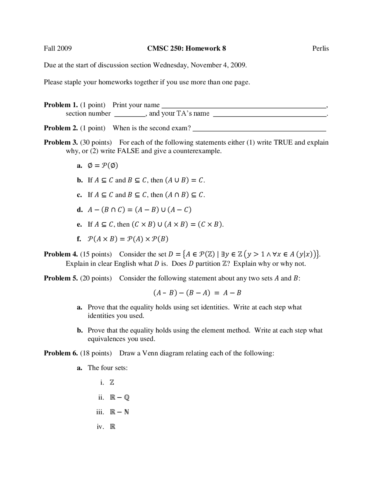 Assignment 8 , Venn Diagram - Discrete Structures | CMSC 250 - Docsity