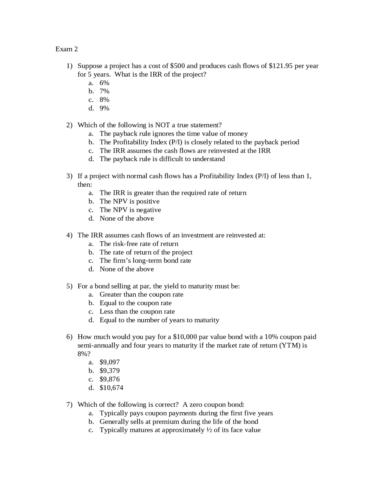 Exam 2 Practice Questions Corporate Finance Fin 300 Docsity
