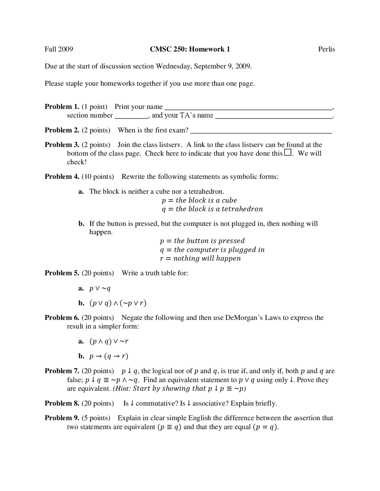 Assignment 1 Discrete Structures Cmsc 250 Docsity