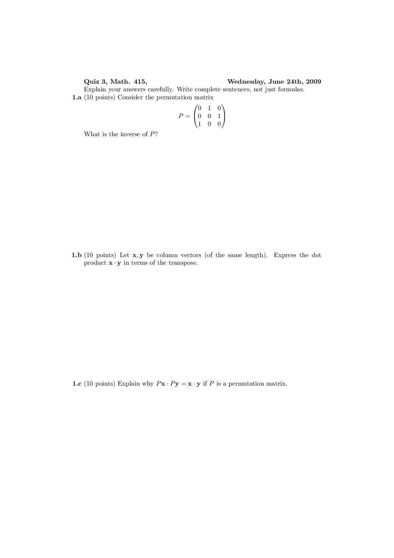 Permutation Matrix Questions Applied Linear Algebra Math 415 Docsity