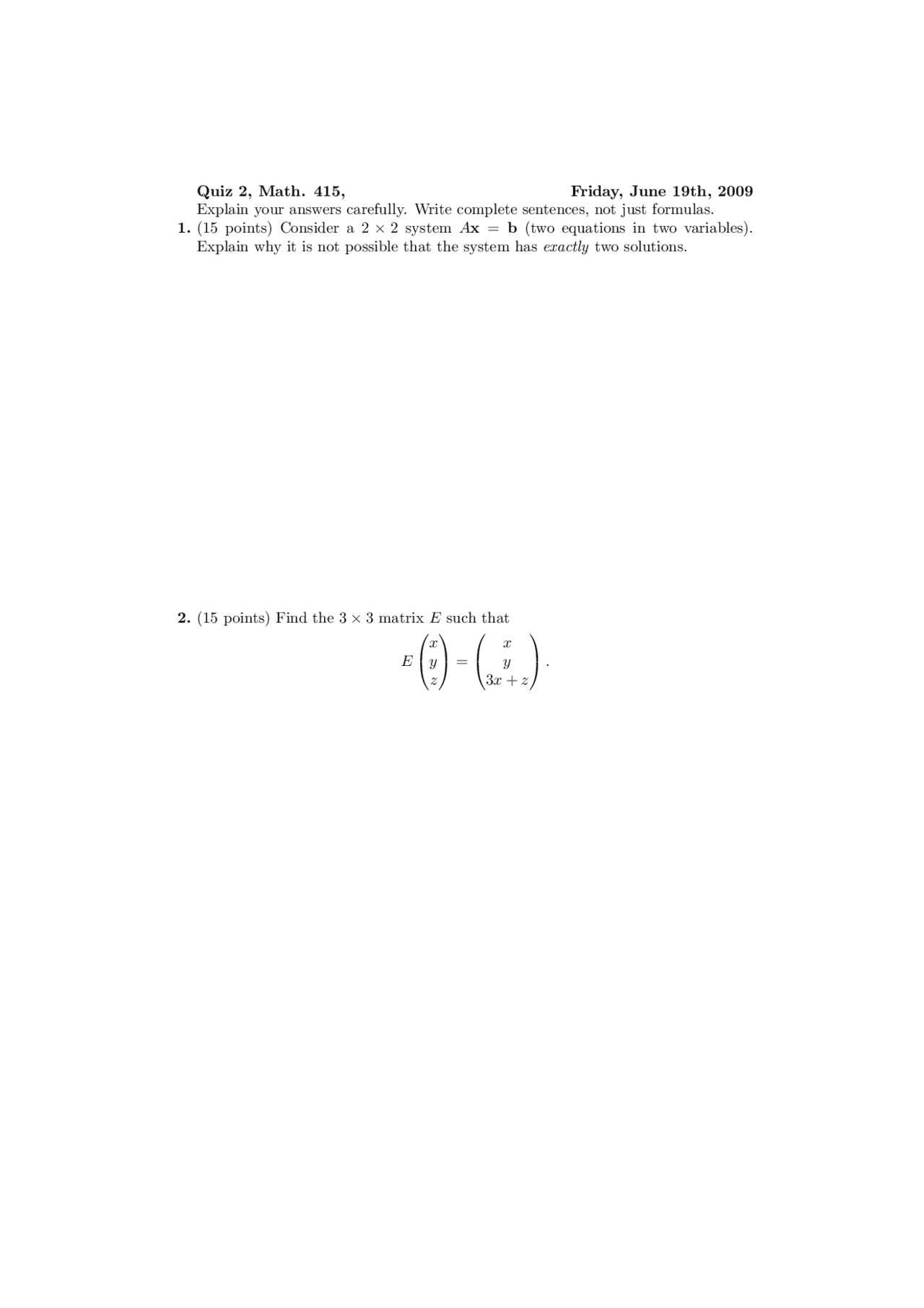 4 Questions For Quiz 2 Applied Linear Algebra Math 415 Docsity