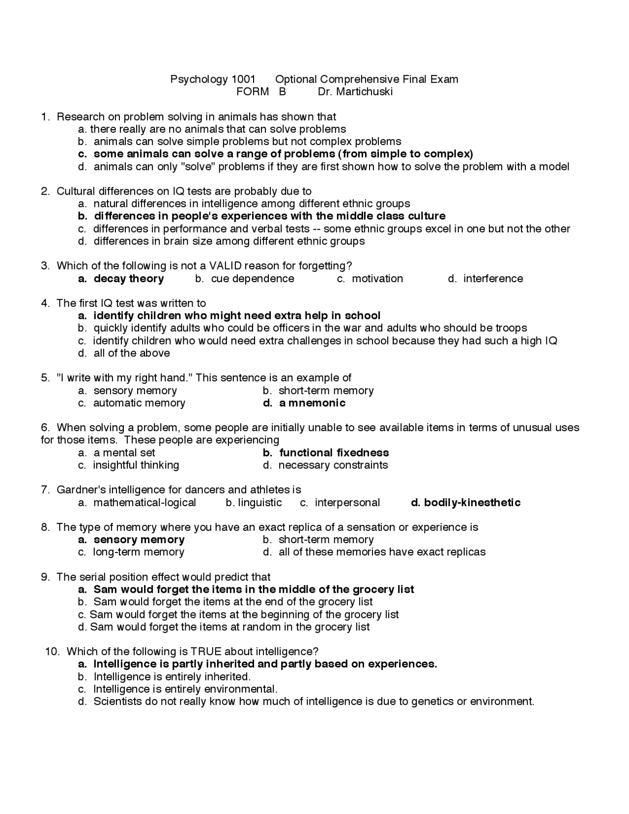 Solved Problems On Psychology Final Exam Psyc 1001 Docsity
