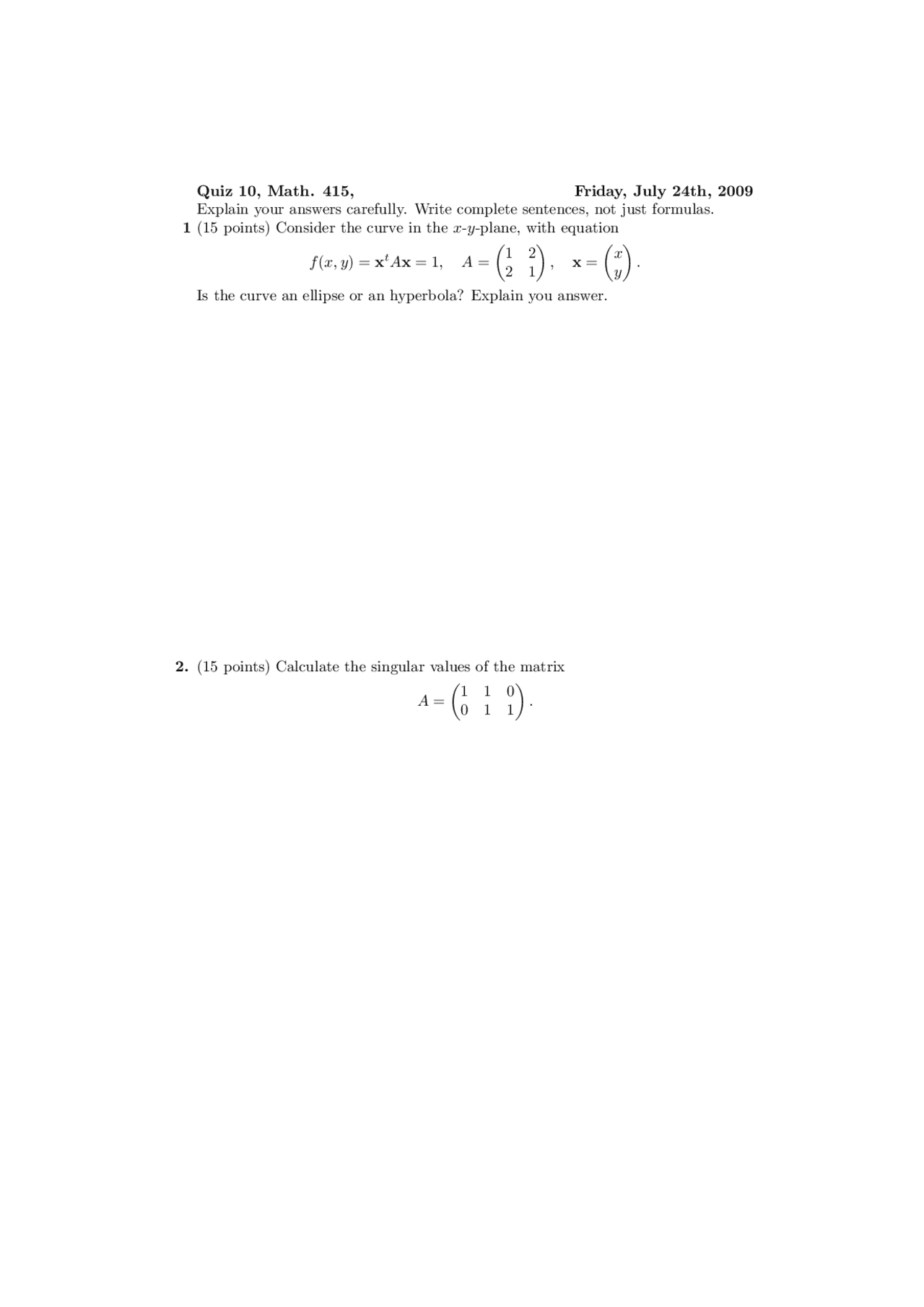 4 Questions Of Matrices Applied Linear Algebra Math 415 Docsity