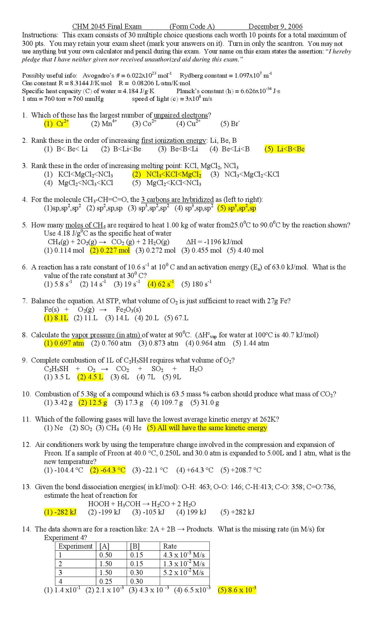 General Chemistry Final Exam solutions highlighted | CHM 2045 - Docsity