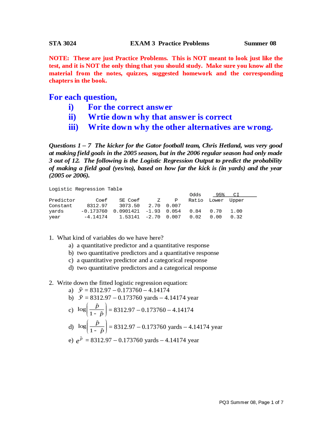 Introduction To Statistics Ii Exam 3 Practice Problems Sta 3024 Docsity