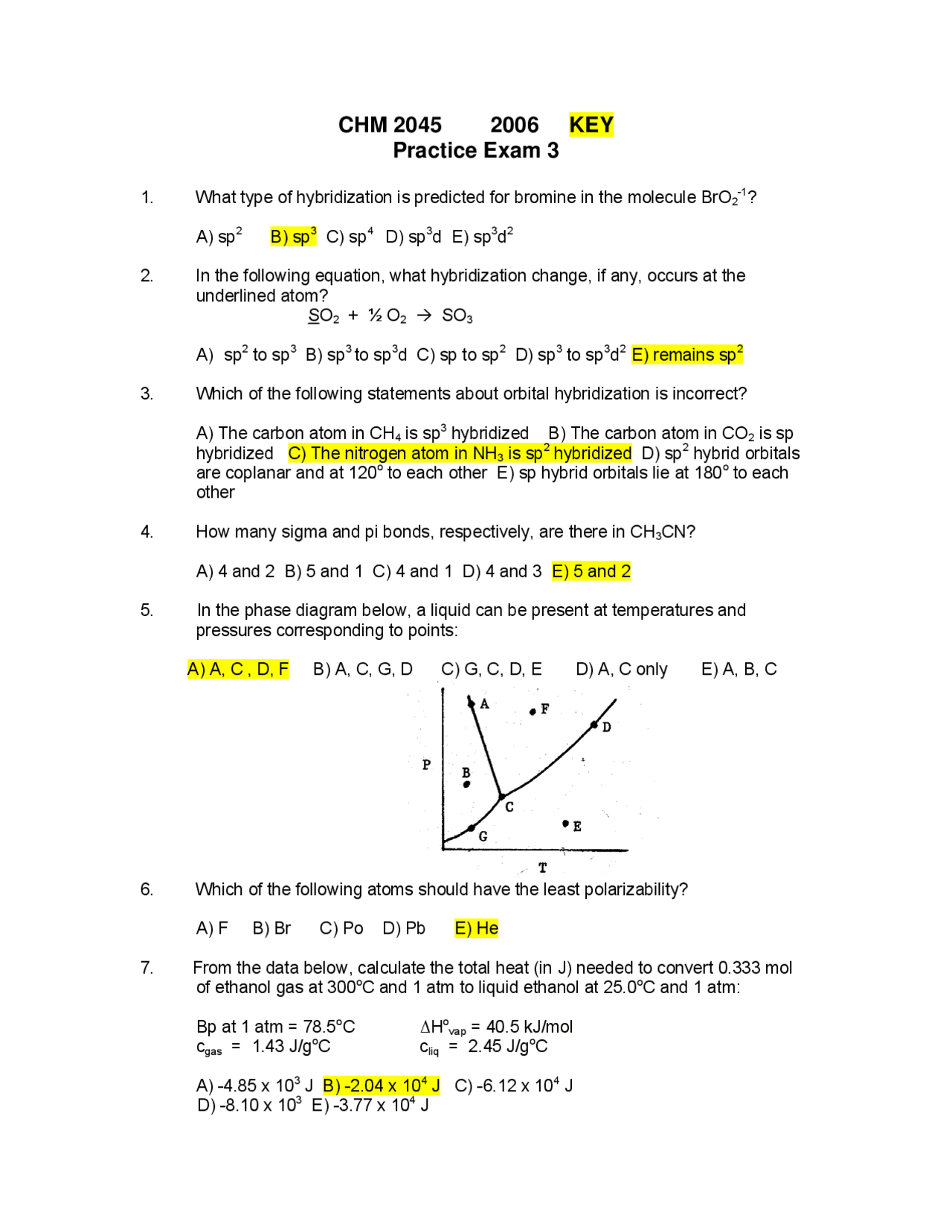 Practice Exam 3 with Answer Key | General Chemistry | CHM 2045 - Docsity