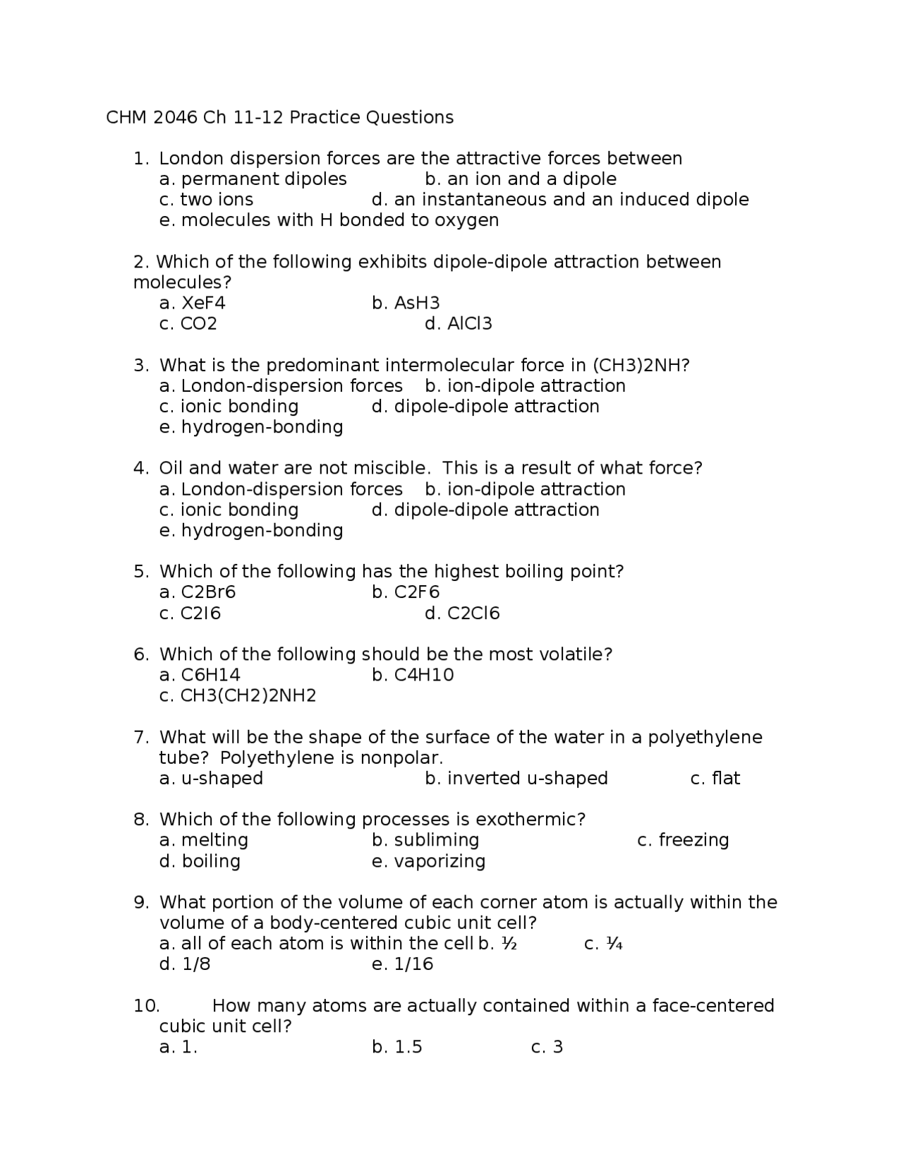 Review Multiple Choice Questions Test On Chemistry Fundamentals Ii