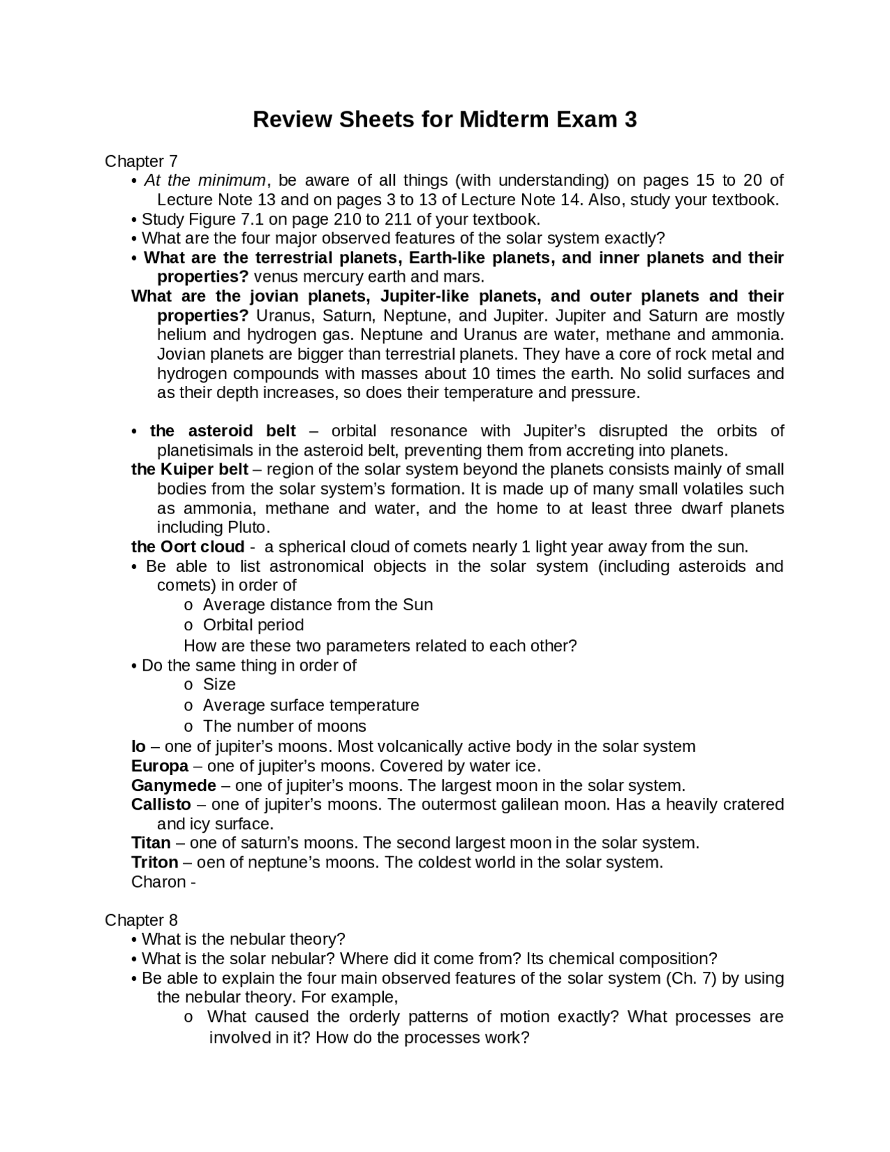 Review Sheet For Exam 3 Descriptive Astronomy The Solar System