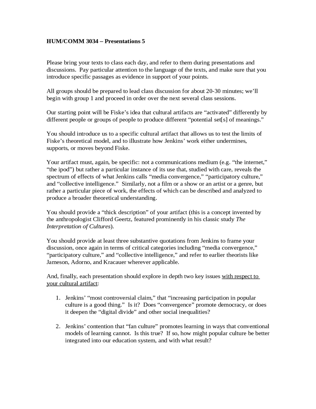 Theories of Pop Culture - Presentations 5 | HUM 3034 - Docsity