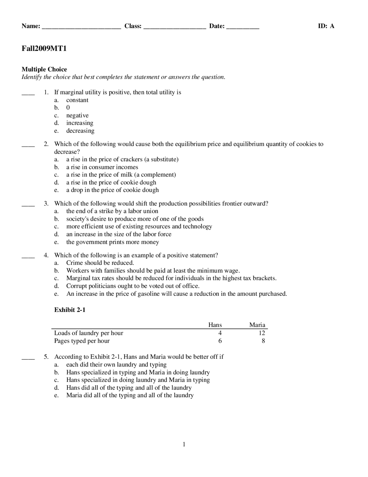 Multiple Choice Questions On Introduction To Economics Test Econ