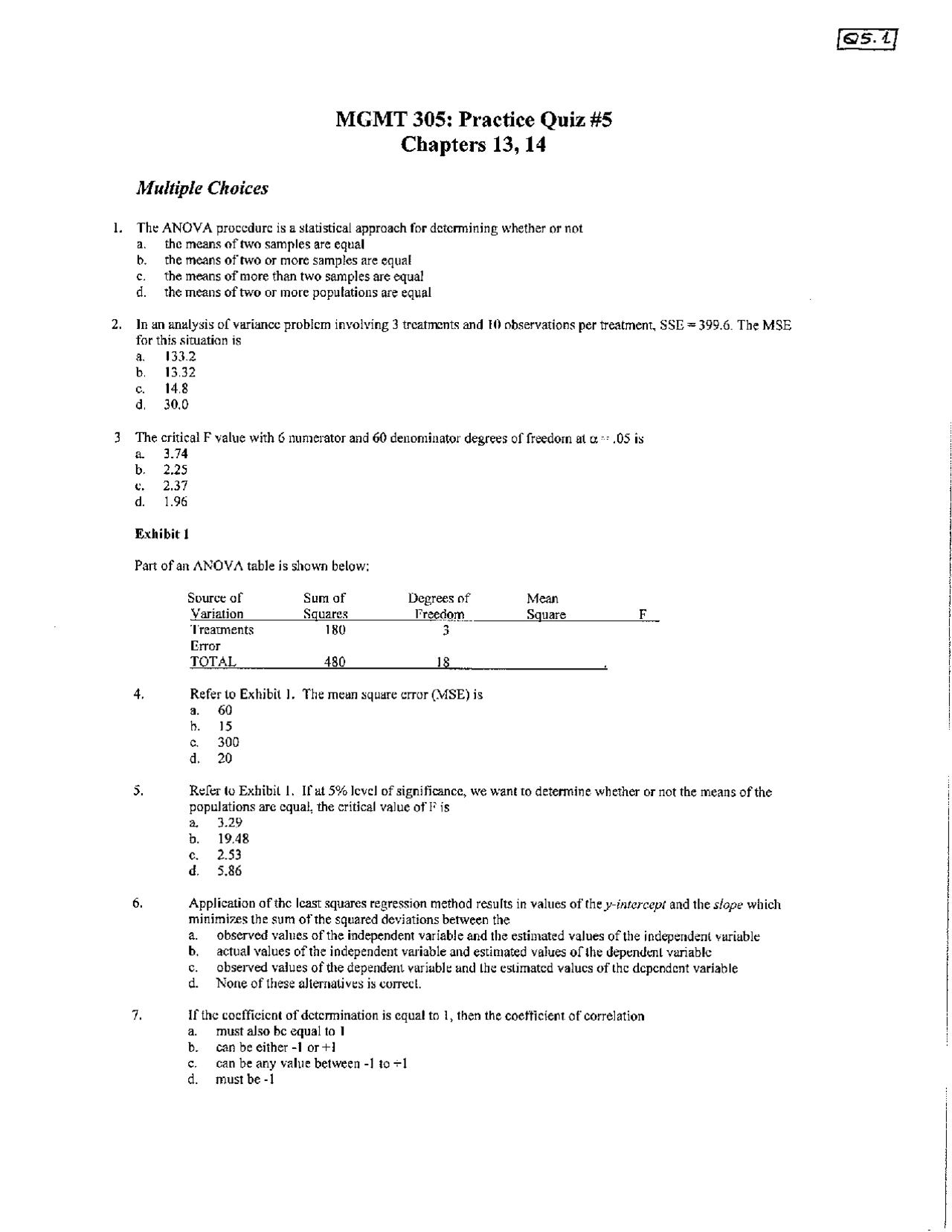 Practice Quiz 5 Solutions - Business Statistics | MGMT 30500 - Docsity
