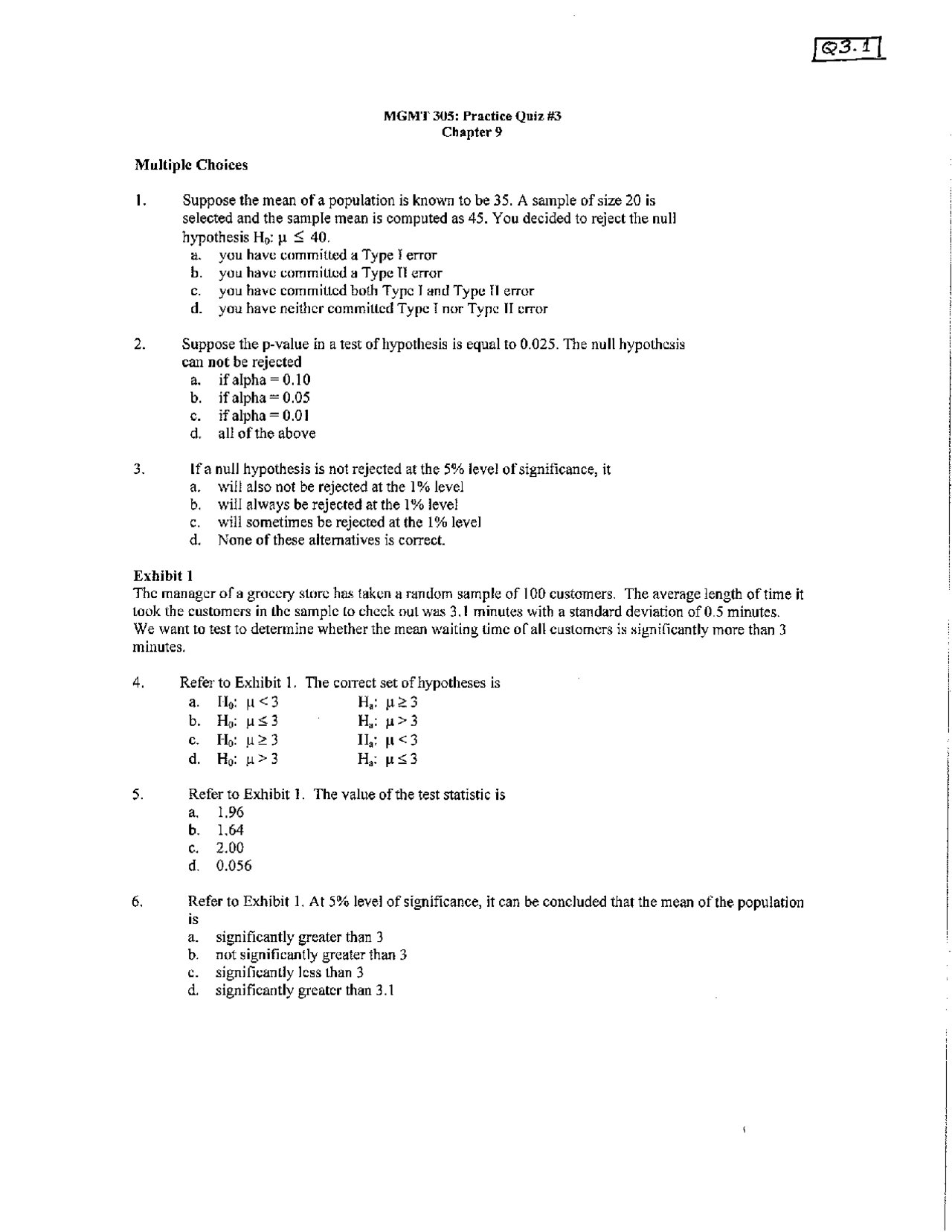 Practice Quiz III Solutions - Business Statistics | MGMT 30500 - Docsity