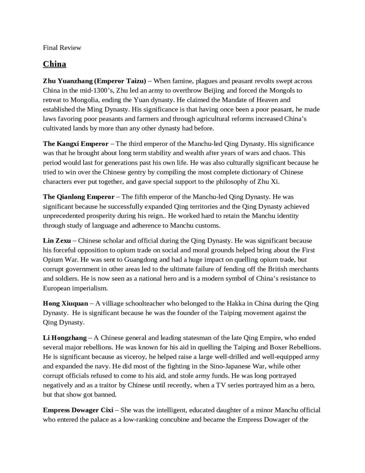 Study Guide - China - East Asian Civilizations | HIST 120 - Docsity