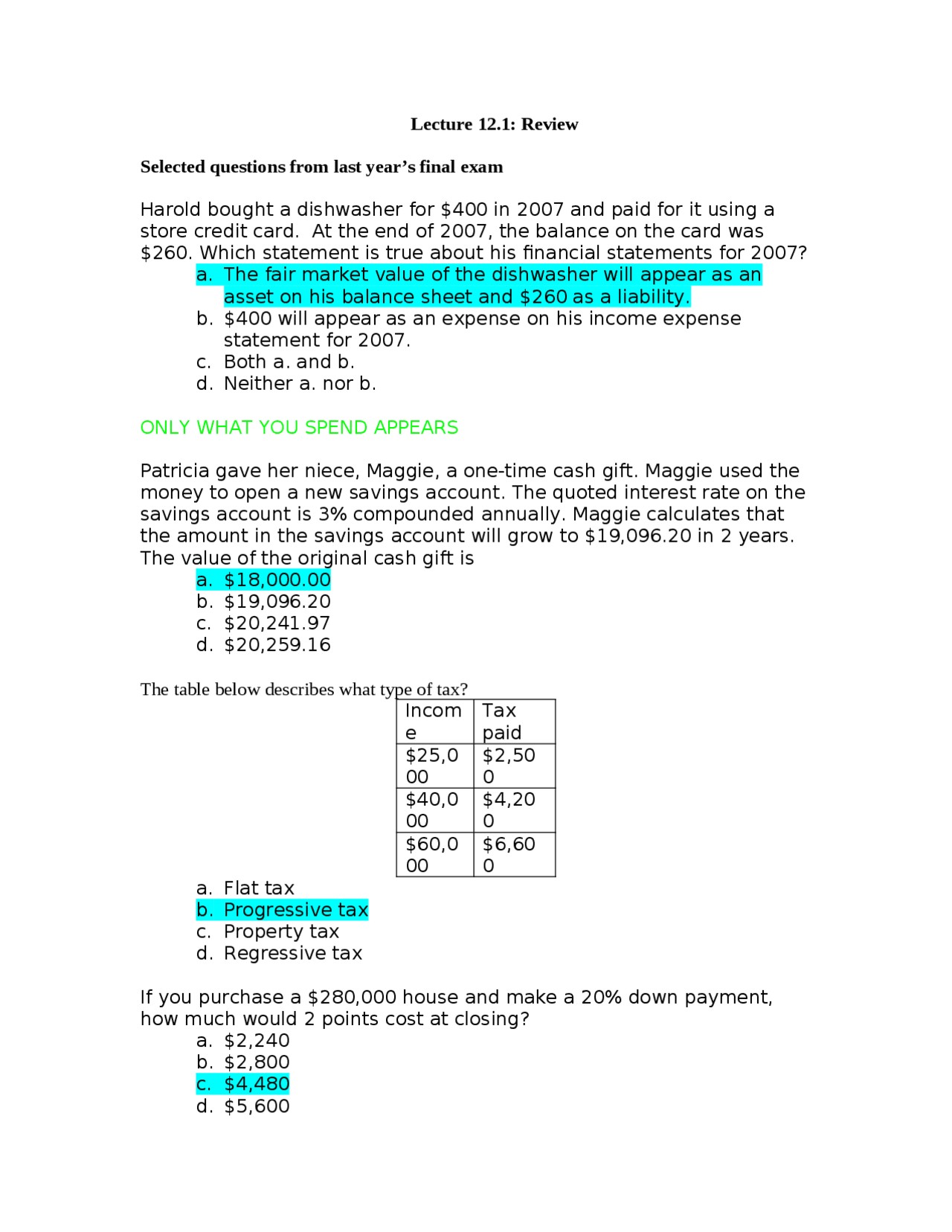 Review Sheet For Personal Financial Planning Ace 240 Docsity