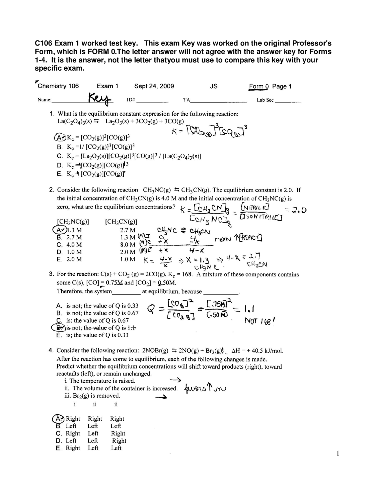 Exam 1 Answer Key Principles Of Chemistry Ii Chem 106 Docsity