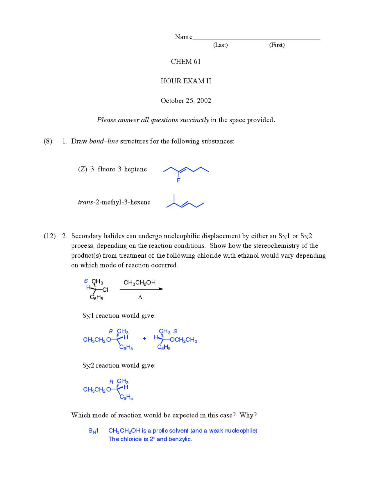 Practice Questions for Exam II - Introduction to Organic Chemistry I ...
