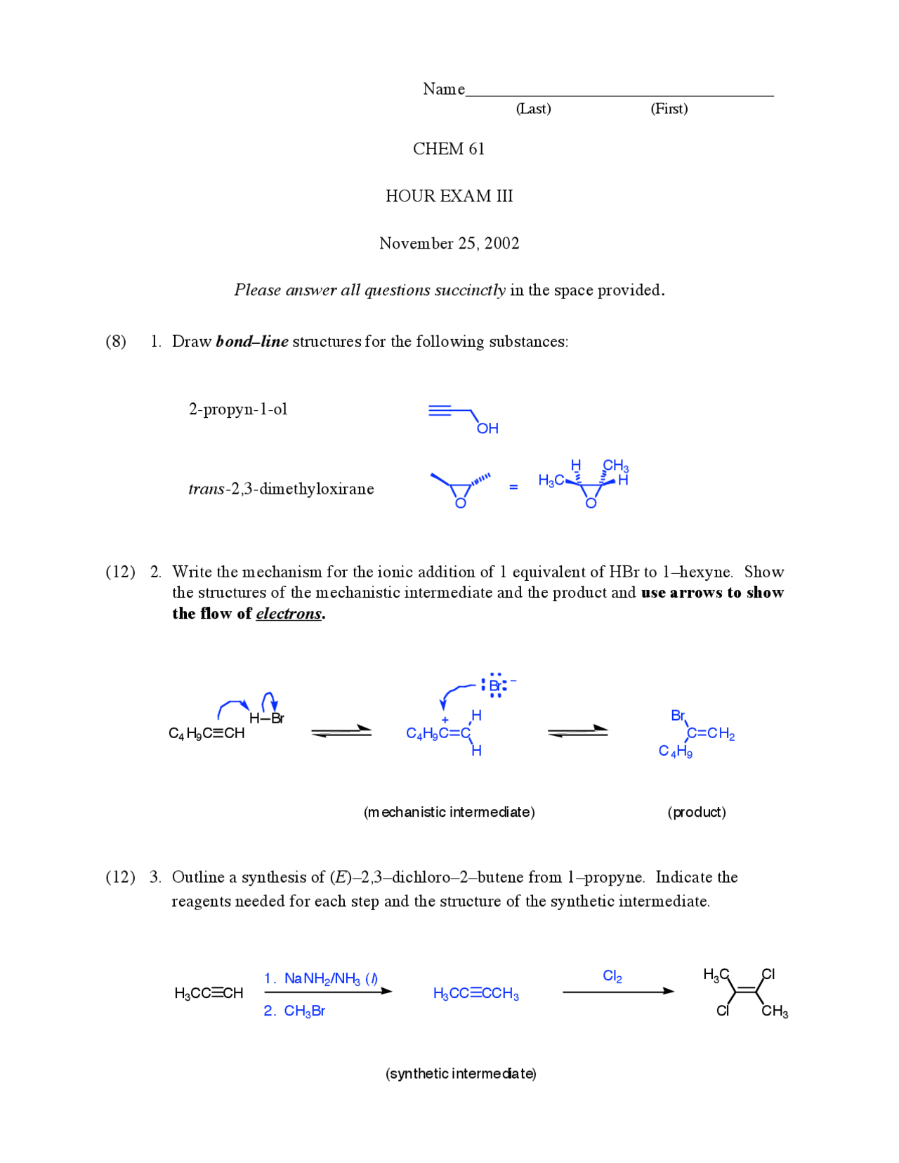 Exam Iii Questions With Answers Introduction To Organic Chemistry I