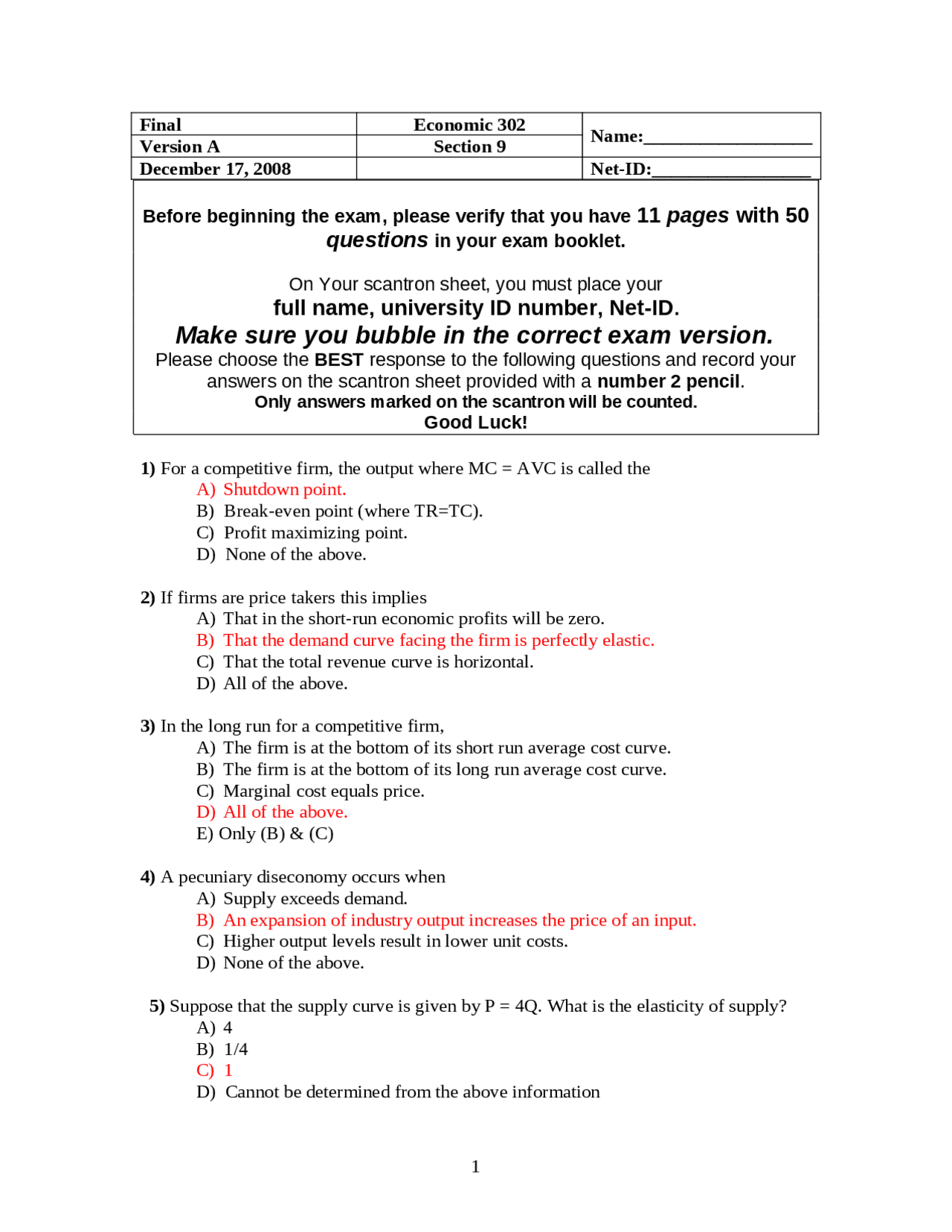 Solutions For Final Exam Intermediate Microeconomic Theory 2008